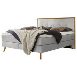 Boxspringbett Hasena "Nordic" Komplettbetten Gr. Flachgewebe Massivholz Matratze H3, mit Topper Base, Liegekomfort fest, Liegefläche B/L: 180cm x 200cm, H3, Tonnentaschen-Federkernmatratze, grau (grau/eiche bianco) Boxspringbett modernes Design, Nordic Bett, gestepptes Kopfteil, Eichenholz