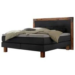 Boxspringbett Hasena "Memphis" Komplettbetten Gr. Flachgewebe Massivholz Matratze H3, mit Topper Superio, Liegekomfort soft, Liegefläche B/L: 140cm x 200cm, H3, Tonnentaschen-Federkernmatratze, braun (anthrazit/akazie grau) Boxspringbett im Vintagelook, Massivholz-Umrandung, Tonnentaschen-Federkernmatratze