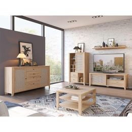 Lomadox Wohnwand mit Sideboard und Couchtisch CREMONA-129 in Eiche Nb. mit Wiener Geflecht Nb.