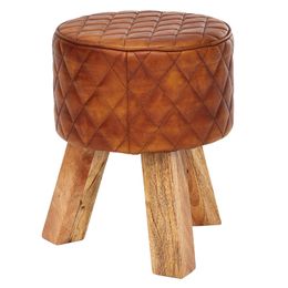 KADIMA DESIGN Extravaganter Sitzhocker mit Rautenmuster, Holz und Leder, 46 cm Höhe, Braun