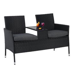 ALBATROS Gartenbank ANTONIO – Polyrattan Bank – 2-Sitzer Gartenbank mit Tischplatte aus Glas – UV beständig wetterfest – Stoffpolster – 134x82x55cm schwarz – VIP RELAX Sitzbank