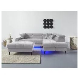 Ecksofa COTTA "Mia L-Form" Sofas Gr. B/H/T: 244cm x 74cm x 193cm, Chenille, Ottomane rechts, Mit Bettfunktion-mit Bettkasten-mit RGB-LED-Beleuchtung-ohne Wireless Charger, grau 3-tlg.-Kissen-Set, Ottomane, wahlweise mit oder ohne RGB-Beleuchtung