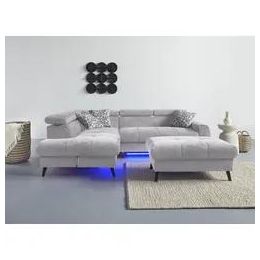 Ecksofa COTTA "Mia L-Form" Sofas Gr. B/H/T: 244cm x 74cm x 193cm, Chenille, Ottomane links, Mit Bettfunktion-mit Bettkasten-ohne RGB-LED-Beleuchtung-mit Wireless Charger, grau 3-tlg.-Kissen-Set, Ottomane, wahlweise mit oder ohne RGB-Beleuchtung