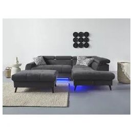 Ecksofa COTTA "Mia L-Form" Sofas Gr. B/H/T: 244cm x 74cm x 193cm, Chenille, Ottomane rechts, Mit Bettfunktion-mit Bettkasten-mit RGB-LED-Beleuchtung-mit Wireless Charger, grau (charcoal) 3-tlg.-Kissen-Set, Ottomane, wahlweise mit oder ohne RGB-Beleuchtung