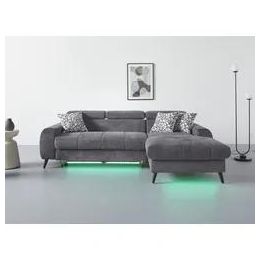 Ecksofa COTTA "Mia L-Form" Sofas Gr. B/H/T: 236cm x 74cm x 164cm, Chenille, Recamiere rechts, Mit Bettfunktion-mit Bettkasten-mit RGB-LED-Beleuchtung-ohne Wireless Charger, grau (stone) 3-tlg.-Kissen-Set, Recamiere, wahlweise mit oder ohne RGB-Beleuchtung