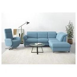 Sit & More Ecksofa SIT & MORE "Grenoble L-Form" Sofas Gr. B/H/T: 247cm x 85cm x 222cm, Struktur weich, Ottomane rechts, ohne Armteilverstellung-ohne Kopfteilverstellung, blau (hellblau) Federkern, wahlweise mit Bettfunktion, Stauraum, Armteilverstellung