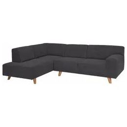 Ecksofa Tom Tailor HOME "NORDIC PURE" Sofas Gr. B/H/T: 249cm x 77cm x 181cm, Samtstoff STC, Ottomane links, schwarz (tarmac stc 19) mit Ottomane, im Retrolook, Füße Buche natur