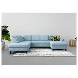 Sit & More Wohnlandschaft SIT&MORE "Maggiore U-Form" Sofas Gr. B/T: 312 cm x 224 cm, Soft clean, Ottomane links, mit Kopfteilverstellung-ohne Bettfunktion-ohne Stauraum-Fussfarbe: schwarz matt, blau (hellblau) wahlweise mit Kopfteilverstellung, Bettfunktion und Stauraum