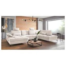 Wohnlandschaft Places of Style "Costello U-Form" Sofas Gr. B/H/T: 363 cm x 89 cm x 223 cm, Struktur fein, Recamiere links, mit Bettfunktion-mit Stauraum, beige (natur) incl. Sitztiefenverstellung und Armlehnfunktion, 3 Nierenkissen