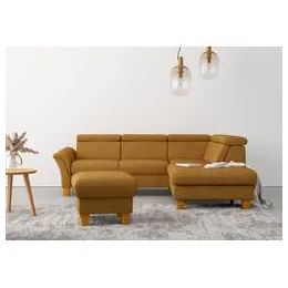 Ecksofa Home Affaire "Lindgren L-Form" Sofas Gr. B/H/T: 249cm x 84cm x 217cm, Struktur, Ottomane rechts, ohne TV-Funktion motorisch-ohne Bettfunktion mit einklappbaren Rollen-ohne Stauraum-ohne Kopfteilverstellung-mit Federkern, gelb (mustard) wahlweise mit TV-Funktion, Stauraum und Kopfteilverstellung