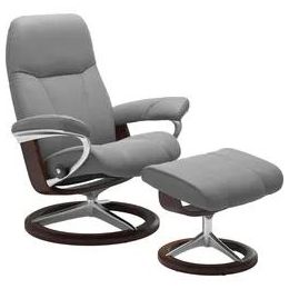 Relaxsessel stressless "Consul" Sessel Gr. Leder BATICK, Signature Base Eiche, BalanceAdaptTM-PlusTMSystem-Gleitsystem-Relaxfunktion-Drehfunktion-Kopfstützenverstellung-Rückteilverstellung, B/H/T: 78cm x 97cm x 70cm, grau (wild dove batick) mit Hocker, Signature Base, Größe S, Gestell Eiche