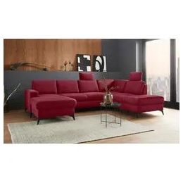 Wohnlandschaft Places of Style "Lolland U-Form" Sofas Gr. B/H/T: 303 cm x 88 cm x 212 cm, Luxus-Microfaser ALTARA NUBUCK, Ottomane rechts, ohne Bettfunktion und Stauraum, rot (bordeaux) Wahlweise mit Bettfunktion und Stauraum, auch abwischbarem Bezug