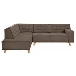 Ecksofa Tom Tailor HOME "NORDIC CHIC" Sofas Gr. B/H/T: 249cm x 77cm x 181cm, Samtstoff STC, Ottomane links, ohne Sitztiefenverstellung-ohne Nackenstütze, braun (wood stc 4) mit Ottomane, wahlweise Sitzvorzug, Füße Buche natur