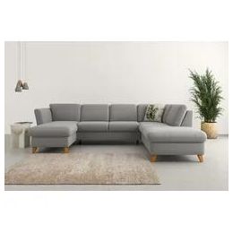 Wohnlandschaft Home Affaire "Trelleborg U-Form" Sofas Gr. B/H/T: 307 cm x 86 cm x 213 cm, Luxus-Microfaser Euphoria, Ottomane rechts, mit Bettfunktion-mit Stauraum, grau Federkern-Polsterung, wahlweise mit Bettfunktion und Stauraum