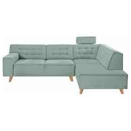 Ecksofa Tom Tailor HOME "NORDIC CHIC" Sofas Gr. B/H/T: 249cm x 77cm x 181cm, Samtstoff STC, Ottomane rechts, ohne Sitztiefenverstellung-mit Nackenstütze, grün (celadon stc 3) mit Ottomane, wahlweise Sitzvorzug, Füße Buche natur