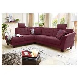 Ecksofa Home Affaire "Trondheim L-Form" Sofas Gr. B/H/T: 260cm x 89cm x 214cm, Luxus-Microfaser, Ottomane links, ohne Vorziehfunktion-ohne Stauraum, lila (chianti) mit Federkern und Knopfheftung im Rücken, Füße Buche dunkel