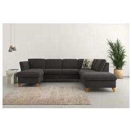 Wohnlandschaft Home Affaire "Trelleborg U-Form" Sofas Gr. B/H/T: 307cm x 86cm x 213cm, Luxus-Microfaser Euphoria, Ottomane rechts, ohne Bettfunktion-ohne Stauraum, grau (fango) Federkern-Polsterung, wahlweise mit Bettfunktion und Stauraum