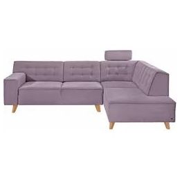 Ecksofa Tom Tailor HOME "NORDIC CHIC" Sofas Gr. B/H/T: 249cm x 77cm x 181cm, Samtstoff STC, Ottomane rechts, ohne Sitztiefenverstellung-mit Nackenstütze, lila (lila stc 8) mit Ottomane, wahlweise Sitzvorzug, Füße Buche natur