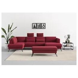 Sit & More Wohnlandschaft SIT&MORE "Lindholm U-Form" Sofas Gr. B/H/T: 342 cm x 88 cm x 188 cm, Samtoptik, Ottomane links, mit Sitztiefenverstellung, rot mit Sitztiefenverstellung und Federkern