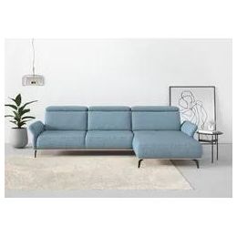 Ecksofa Places of Style "Fjord L-Form" Sofas Gr. B/H/T: 324 cm x 93 cm x 184 cm, Flachgewebe AMSTERDAM, mega-Recamiere rechts, mit Armlehnfunktion-mit Kopfteilverstellung-mit Sitztiefenverstellung-ohne Rückenneigung-ohne Federkern, blau (eisblau) massiv, wahlweise mit Armlehnfunktion, Kopf- Sitztiefenverstellung