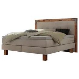 Boxspringbett Hasena "Memphis" Komplettbetten Gr. Flachgewebe Massivholz Matratze H3, mit Topper Agrea, Liegekomfort medium, Liegefläche B/L: 180 cm x 200 cm, H3, Tonnentaschen-Federkernmatratze, beige (beige, akazie grau) Boxspringbett im Vintagelook, Massivholz-Umrandung, Tonnentaschen-Federkernmatratze