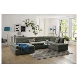 Wohnlandschaft Inosign "Avesa U-Form" Sofas Gr. B/H/T: 355 cm x 80 cm x 216 cm, Struktur weich, Longchair links, mit Armteilverstellung-mit Schlaffunktion, grün (dunkelgrün) Wahlweise mit Armteilverstellung und Bettfunktion, BTH: 35521680cm