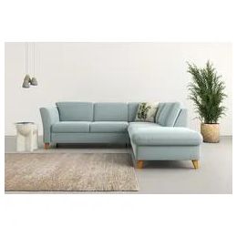 Ecksofa Home Affaire "Trelleborg L-Form" Sofas Gr. B/H/T: 252cm x 86cm x 213cm, Struktur fein, Ottomane rechts, mit Bettfunktion-mit Stauraum, blau (aqua) Federkern-Polsterung, wahlweise mit Bettfunktion und Stauraum