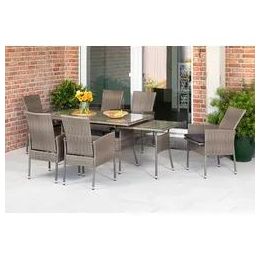 Garten-Essgruppe Merxx "Sevilla" Sitzmöbel-Sets Gr. B/H/T: 53cm x 94cm x 54cm, Dining Set, beige (steinbeige/natur + grau) 6 Sessel mit SItzkissen, ausziehbarer Tisch, steinbeige