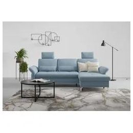 Ecksofa Inosign "Palm Beach L-Form" Sofas Gr. B/H/T: 275 cm x 89 cm x 175 cm, Olympia EASY CLEAN, mega-Recamiere rechts, mit Sitztiefenverstellung-mit Bettfunktion-mit Bettkasten-mit Armteilverstellung, blau (hellblau) Federkern, mit Sitztiefenverstellung, wahlweise Bettfunktion