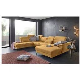 Sit & More Wohnlandschaft SIT & MORE "Percy U-Form" Sofas Gr. B/T: 343cm x 235cm, Luxus-Microfaser Paris, Recamiere rechts, mit Kopfteilverstellung-mit schwarzem Nickelfuß, gelb (mustard) 12 cm Fußhöhe, Sitztiefenverstellung, wahlweise in 2 Fußfarben