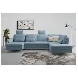 Wohnlandschaft Inosign "Palm Beach U-Form" Sofas Gr. B/H/T: 347 cm x 89 cm x 224 cm, Olympia EASY CLEAN, mega-Recamiere links, mit Sitztiefenverstellung-ohne Bettfunktiom-ohne Stauraum-ohne Armteilverstellung, blau (hellblau) Federkern, mit Sitztiefenverstellung, wahlweise Bettfunktion