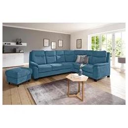 Ecksofa Home Affaire "Boccaccio L-Form", blau (azure), B:265cm H:104cm T:215cm, Struktur weich (90% Polyester / 10% Polyamid), Luxus-Microfaser (100% Polyester), Luxus-Microfaser Vintageoptik(100% Polyester), Sofas, mit Federkern, incl. Kopfteilverstellung, wahlweise Bettfunktion