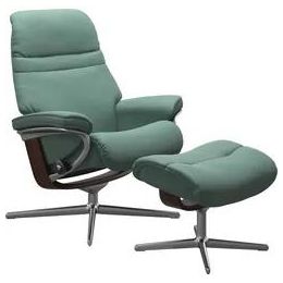 Relaxsessel stressless "Sunrise" Sessel Gr. Leder PALOMA, Cross Base Braun, Relaxfunktion-Drehfunktion-PlusTMSystem-Gleitsystem-BalanceAdaptTM, B/H/T: 79cm x 103cm x 73cm, grün (aqua green paloma) mit Hocker, Cross Base, Größe S, M & L, Holzakzent Braun