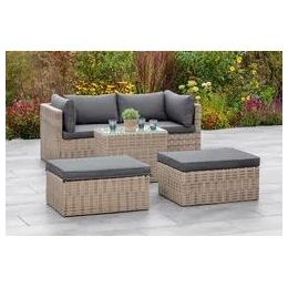 Garten-Essgruppe Merxx "Licosa" Sitzmöbel-Sets Gr. B/H/T: 87cm x 63,5cm x 68cm, Multifunktionsset, beige (naturgrau + grau) 2 Sessel, Hocker, Tisch, mit Auflagen, naturgrau