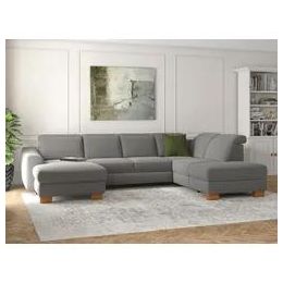 Sit & More Wohnlandschaft SIT&MORE "Dundee U-Form" Sofas Gr. B/H/T: 338 cm x 86 cm x 219 cm, Struktur, Ottomane rechts, mit Kopfteilverstellung-ohne Bettfunktion-ohne Stauraum, grau mit Federkern und Massivholzfüßen, wahlweise Kopfteilverstellung