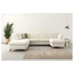 Wohnlandschaft Home Affaire "Trelleborg U-Form" Sofas Gr. B/H/T: 307 cm x 86 cm x 213 cm, Struktur fein, Ottomane links, mit Bettfunktion-mit Stauraum, beige (creme) Federkern-Polsterung, wahlweise mit Bettfunktion und Stauraum