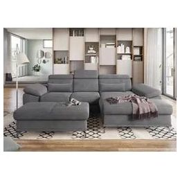 Sit & More Ecksofa SIT & MORE "Cabrio L-Form, mit Sitztiefenverstellung, Arm- und Kopfteilverstellung" Sofas Gr. B/H/T: 295cm x 87cm x 180cm, Struktur weich, Recamiere rechts, ohne Bettfunktion-ohne Bettkasten, grau 2 Nierenkissen, Federkern, optional Bettfunktion und Stauraum