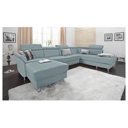 Sit & More Wohnlandschaft SIT & MORE "Avignon U-Form" Sofas Gr. B/H/T: 331cm x 97cm x 228cm, Struktur, Recamiere links, mit Kopfteilverstellung-mit Bettfunktion, blau (aqua) wahlweise mit Bettfunktion und Stauraum, inklusive Kopfteilverstellung