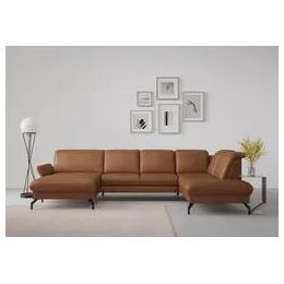 Sit & More Wohnlandschaft SIT & MORE "Fashion U-Form" Sofas Gr. B/H/T: 338cm x 84cm x 207cm, Luxus-Microfaser mit Prägung, Ottomane rechts, mit Kopfteilverstellung, braun (cognac) wahlweise mit Kopfteilverstellung, Vorziehsitz, motorisch, Metallfüße