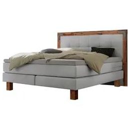 Boxspringbett Hasena "Memphis" Komplettbetten Gr. Flachgewebe Massivholz Matratze H3, mit Topper Superio, Liegekomfort soft, Liegefläche B/L: 140 cm x 200 cm, H3, Tonnentaschen-Federkernmatratze, grau (grau, akazie braun) Boxspringbett im Vintagelook, Massivholz-Umrandung, Tonnentaschen-Federkernmatratze