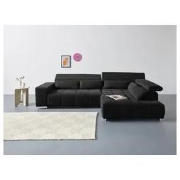 Ecksofa COTTA "Orion L-Form" Sofas Gr. B/H/T: 310cm x 70cm x 225cm, Microfaser, Ottomane rechts, schwarz mit Ottomane, inklusive verstellbarer Kopfstützen und 5 Nierenkissen