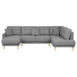 Wohnlandschaft Home Affaire "Triplo wahlweise mit Schlaffunktion, Steppung im Rückenkissen, U-Form" Sofas Gr. B/H/T: 310 cm x 90 cm x 192 cm, Luxus-Microfaser weich, Recamiere links, ohne Bettfunktion-ohne Bettkasten, grau (hellgrau) mit Steppung, auch Bettfunktion und Bettkasten, incl. 3 Zierkissen