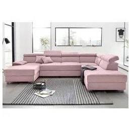 Wohnlandschaft DOMO collection "Mira U-Form" Sofas Gr. B/H/T: 337cm x 78cm x 230cm, Luxus-Microfaser, Recamiere links, mit Kopfteilverstellung, rosa (flamingo) wahlweise mit Bettfunktion und Bettkasten