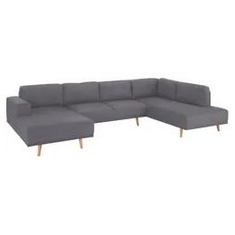 Wohnlandschaft Home Affaire "Lasse U-Form" Sofas Gr. B/H/T: 355cm x 84cm x 203cm, Luxus-Microfaser, Ottomane rechts, grau im scandinavischem Stil mit Holzfüßen