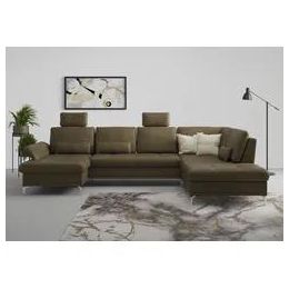 Wohnlandschaft Inosign "Palm Beach U-Form", grün (olive), B:347cm H:89cm T:224cm, 100%Polyester, Sofas, Federkern, mit Sitztiefenverstellung, wahlweise mit Bettfunktion