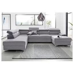 Wohnlandschaft DOMO collection "Mira U-Form" Sofas Gr. B/H/T: 337cm x 78cm x 230cm, Struktur fein, Recamiere rechts, mit Kopfteilverstellung-mit Bettfunktion, grau wahlweise mit Bettfunktion und Bettkasten