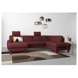 Wohnlandschaft Home Affaire "Vision U-Form" Sofas Gr. B/H/T: 315 cm x 90 cm x 215 cm, Struktur weich, Ottomane rechts, mit Bettfunktion-mit Stauraum, lila (chianti) wahlweise mit Bettfunktion und Stauraum, auch in Easy Care-Bezug