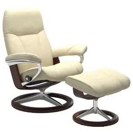 Relaxsessel stressless "Consul" Sessel Gr. Leder PALOMA, Signature Base Braun, BalanceAdaptTM-PlusTMSystem-Gleitsystem-Relaxfunktion-Drehfunktion-Kopfstützenverstellung-Rückteilverstellung, B/H/T: 82cm x 102cm x 72cm, beige (vanilla paloma) mit Hocker, Signature Base, Größe M, Gestell Braun