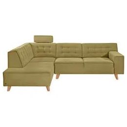 Ecksofa Tom Tailor HOME "NORDIC CHIC" Sofas Gr. B/H/T: 249cm x 77cm x 181cm, Samtstoff STC, Ottomane links, ohne Sitztiefenverstellung-mit Nackenstütze, beige (gold mustard stc 13) mit Ottomane, wahlweise Sitzvorzug, Füße Buche natur