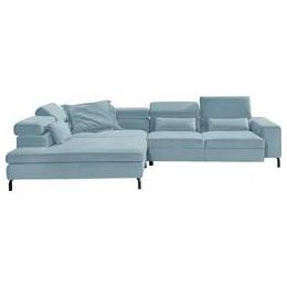 Ecksofa Gallery M BRANDED BY MUSTERRING "Felicia Due L-Form" Sofas Gr. B/H/T: 312cm x 82cm x 218cm, Flachgewebe FLORIS, Longchair links, mit motorischem Sitzvorzug, blau (hellblau) Wahlweise mit Sitzvorzug, inkl. Kopfteilverstellung, Sitzhöhe 43 cm